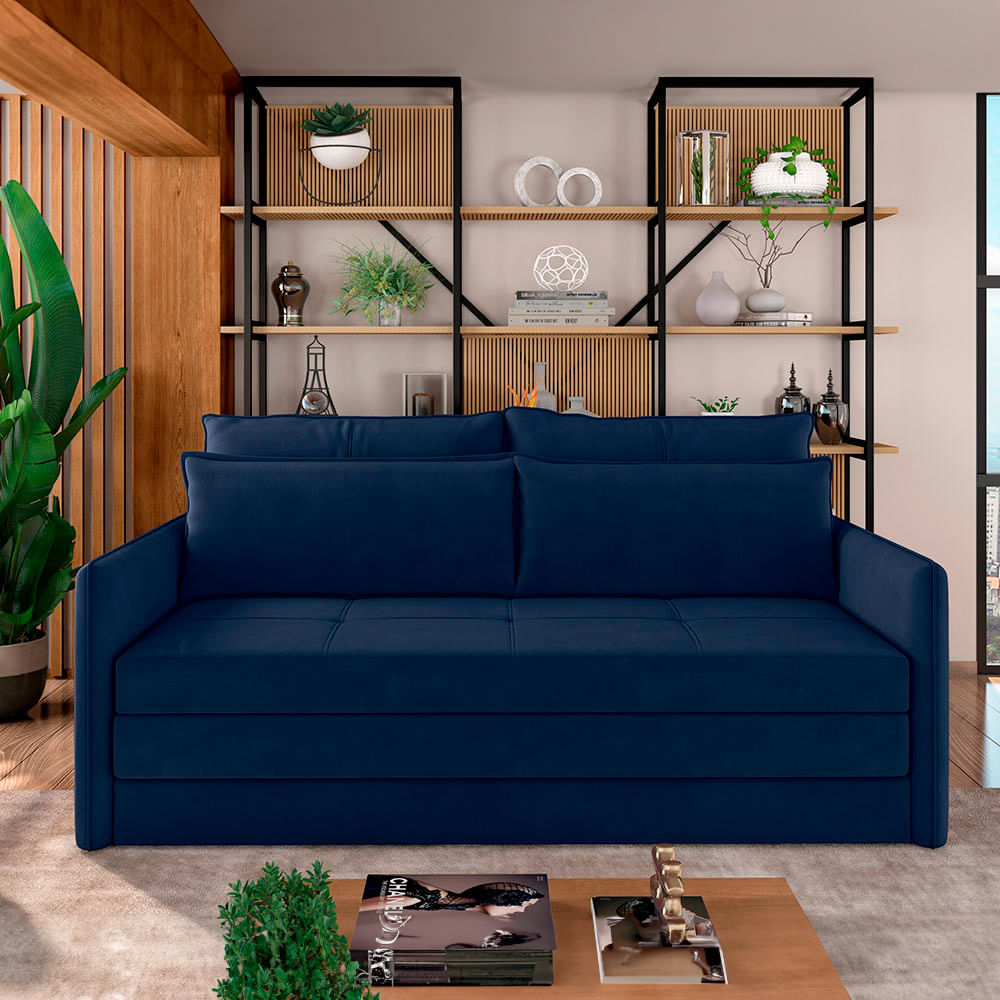 Sofá Cama 2L Veludo Azul Marinho - Ortobom